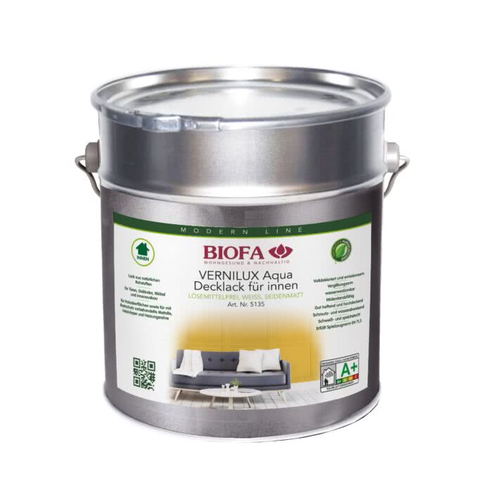 Biofa VERNILUX Aqua Decklack für innen seidenmatt weiß lösemittelfrei 5135, 5 Liter